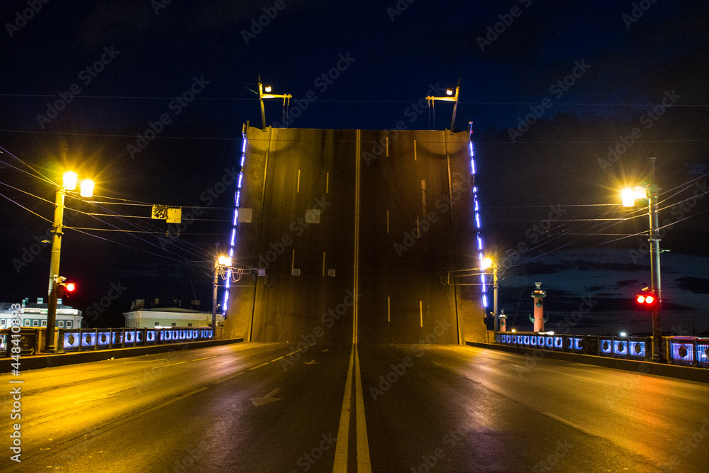 raised road with road markings and palace bridge lights blocked the ...