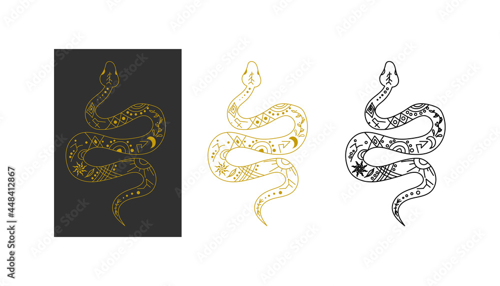 Magic serpent with esoteric symbols. Set of Snakes on white and black ...