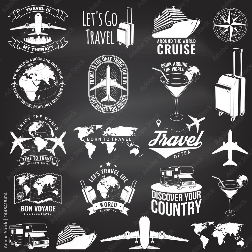 Set of travel badge, logo with design element on the chalkboard. Travel ...