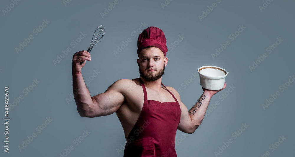 Lifestyle addiction. sexy man with body muscles in cook apron ...