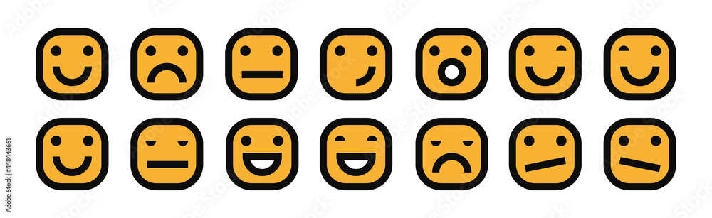 Emoji vector icons. Set of emoji or emoticon reaction icons showing ...