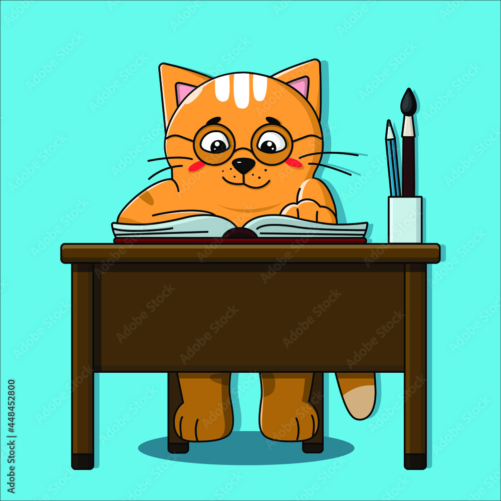 Cute cat at the desk. Animal Education. Flat Cartoon Style. Stock ...
