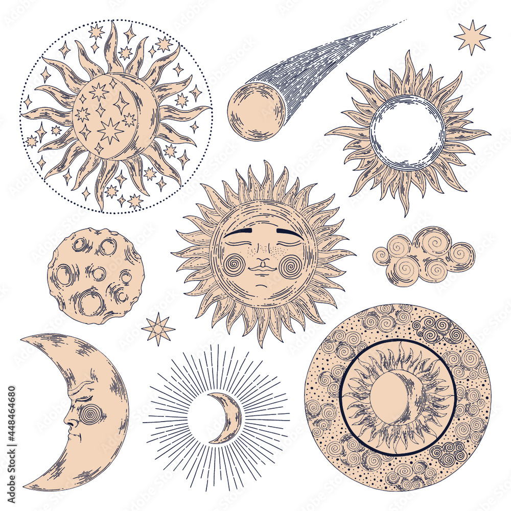 Celestial illustrations. Vector set. Hand drawing. Illustration for ...