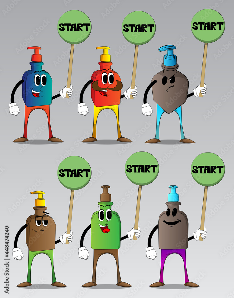 Cartoon bottle of hand sanitizer gel for hygiene with face holding ...