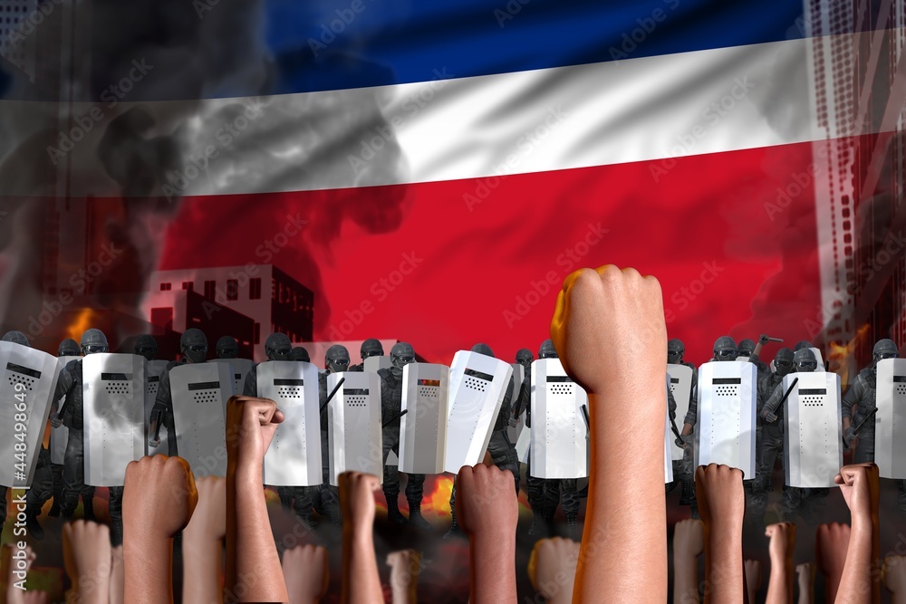 mutiny fighting concept - protest in Costa Rica on flag background ...
