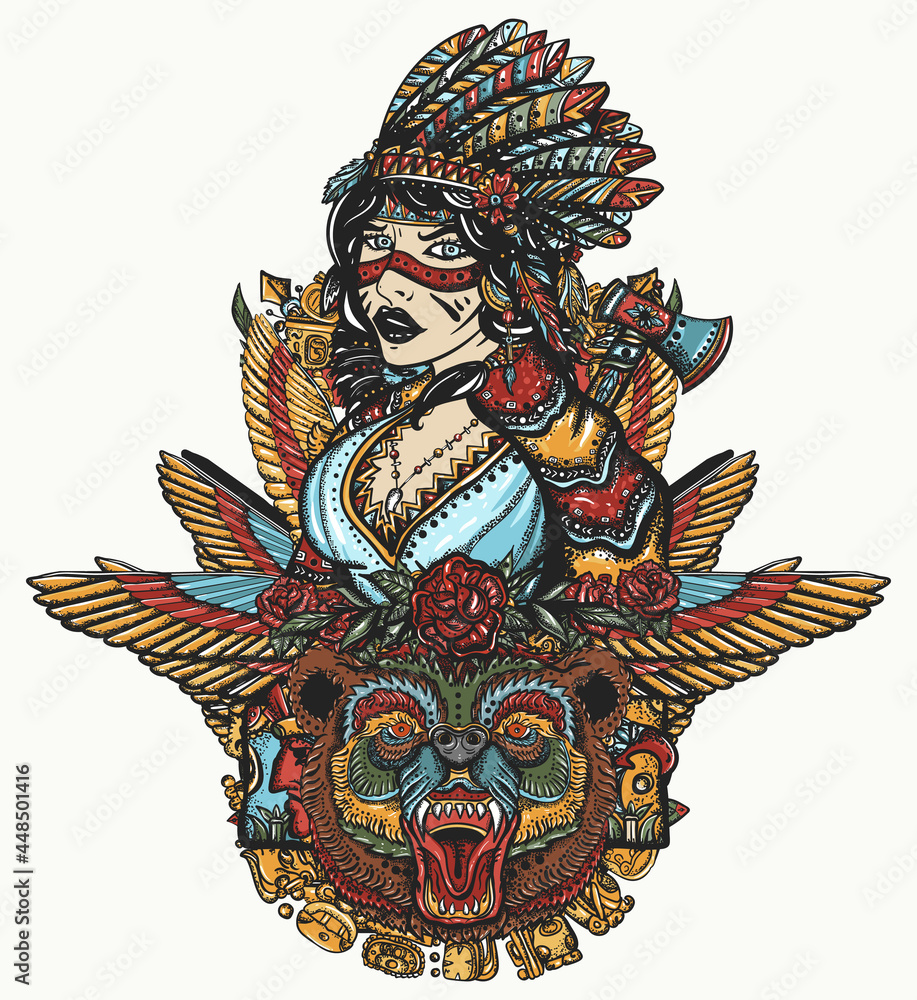 Ethnic girl warrior. Tribal indian woman, bear grizzly head and mayan ...