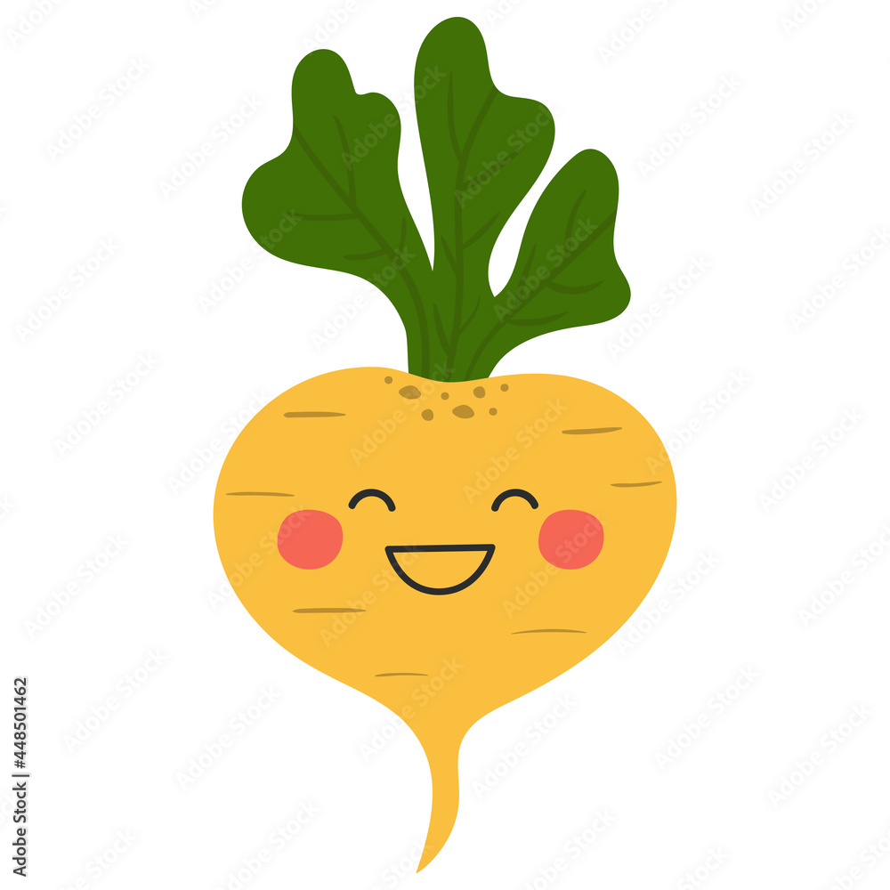 Cute and funny cartoon turnip with face expression. Healthy food doodle ...