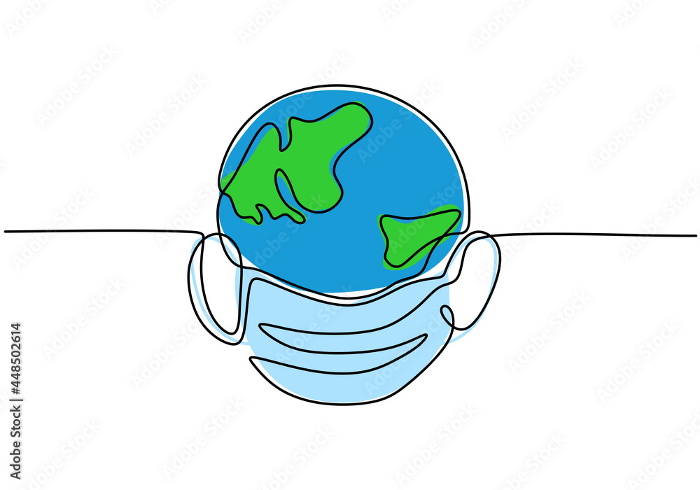 One continuous line drawing of Earth with virus protection mask ...