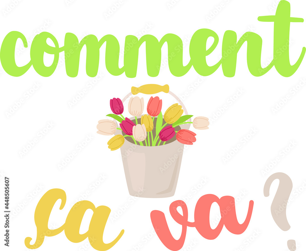 "Comment ca va?" French hand written lettering with a bucket of tulips ...
