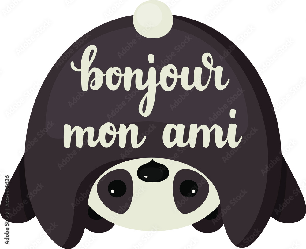 "Bonjour mon ami" French hand written lettering with cute panda ...