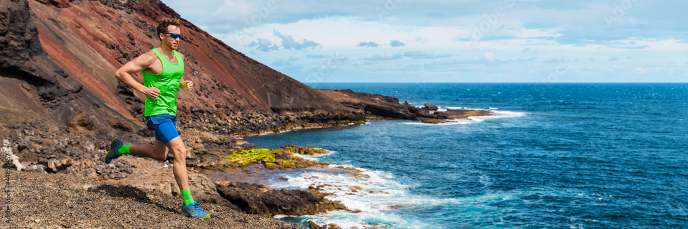 Trail running athlete ultra runner man cross training on mountain ...