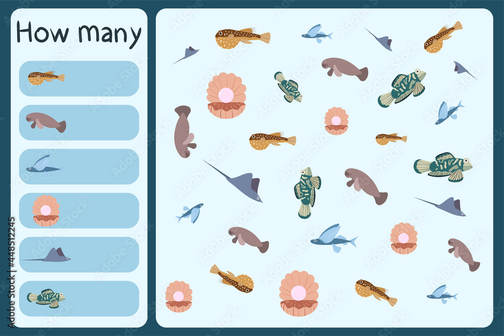 Kids mathematical mini game - count how many sea animals - puffer fish ...
