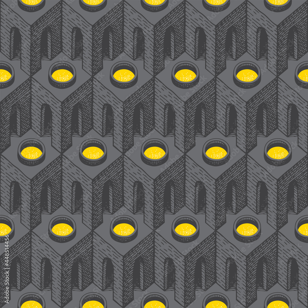 Abstract seamless pattern with hand-drawn 3D architectural elements in ...