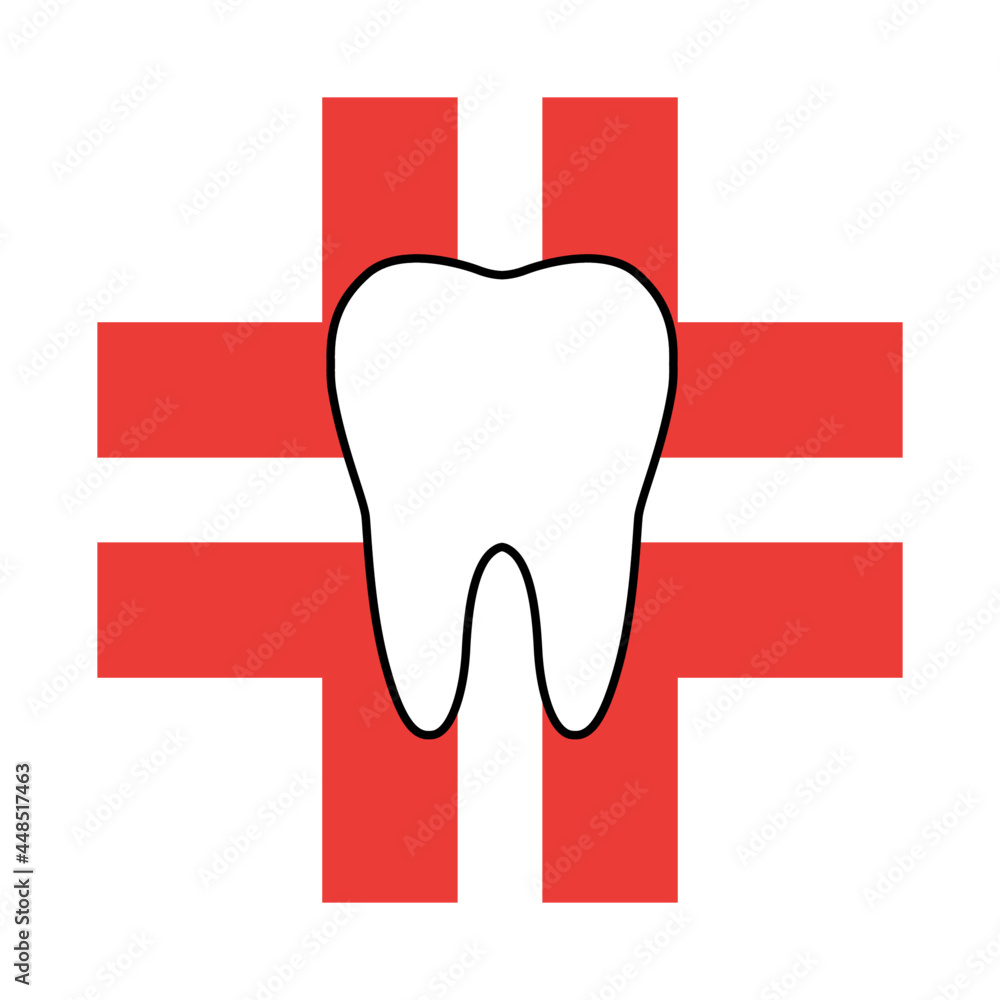 Vetor de Tooth white silhouette over a medical red cross - Dentist and ...