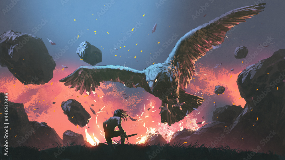 A man fighting with the legendary eagle, digital art style ...