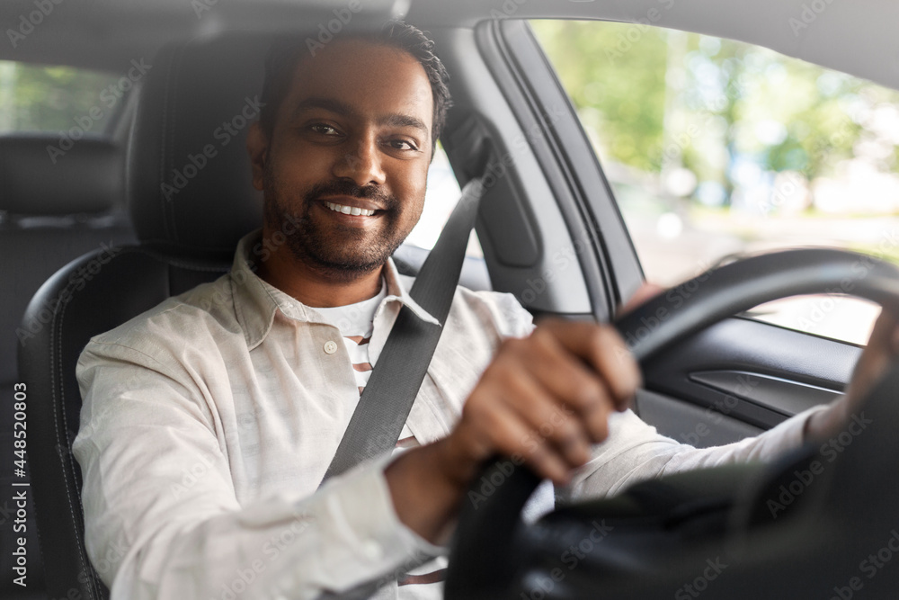 transport, vehicle and people concept - happy smiling indian man or ...