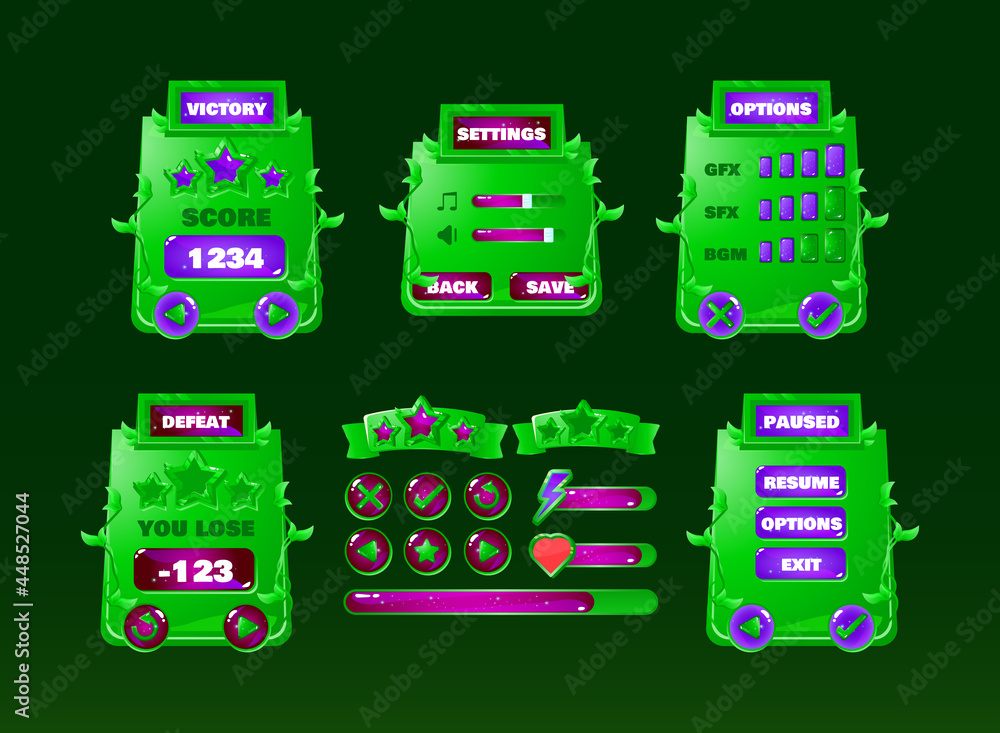 nature green jungle game ui kit with button icon and progress bar Stock ...