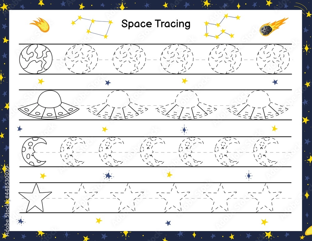 Trace space objects activity page for kids. Handwriting practice ...