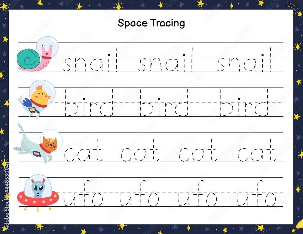 Trace words activity page for kids. Handwriting practice worksheet with ...