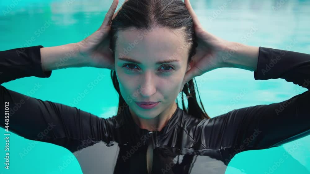 Sexy Woman Portrait In Black Swimsuit By Swimming Pool Resort Girl