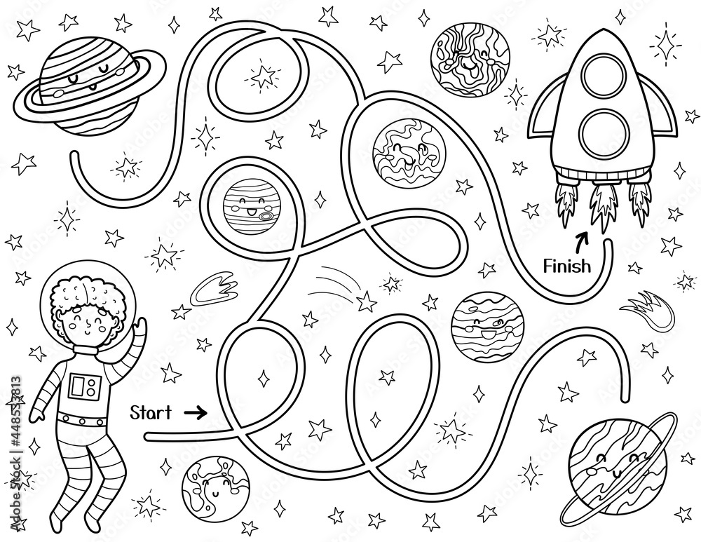 Black and white space maze for kids. Help a cute boy astronaut find way ...