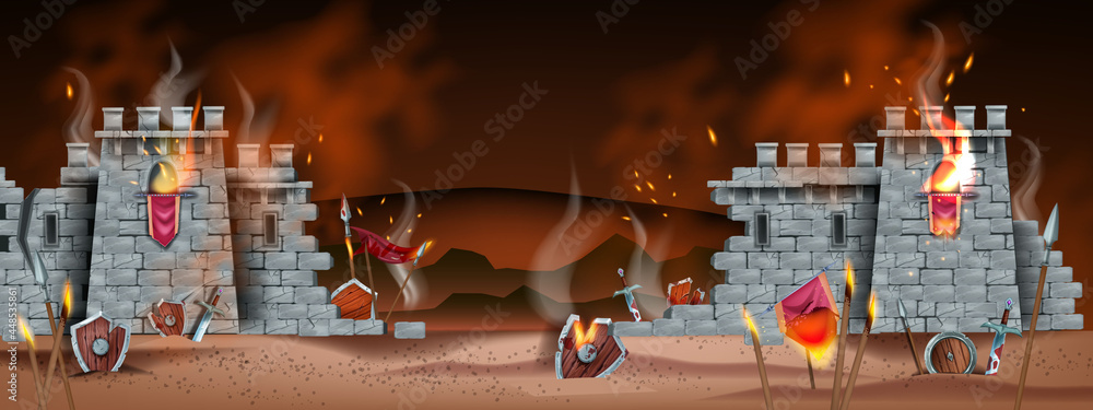 Medieval game battle vector background, stone castle wall ruin, fire ...