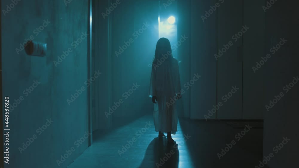 Ghost Girl In White Nightgown With Loose Hair In A Scary House Stock ...