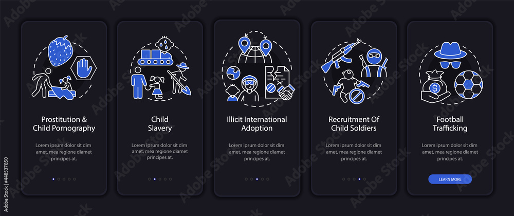 Children trafficking dark onboarding mobile app page screen. Kid ...