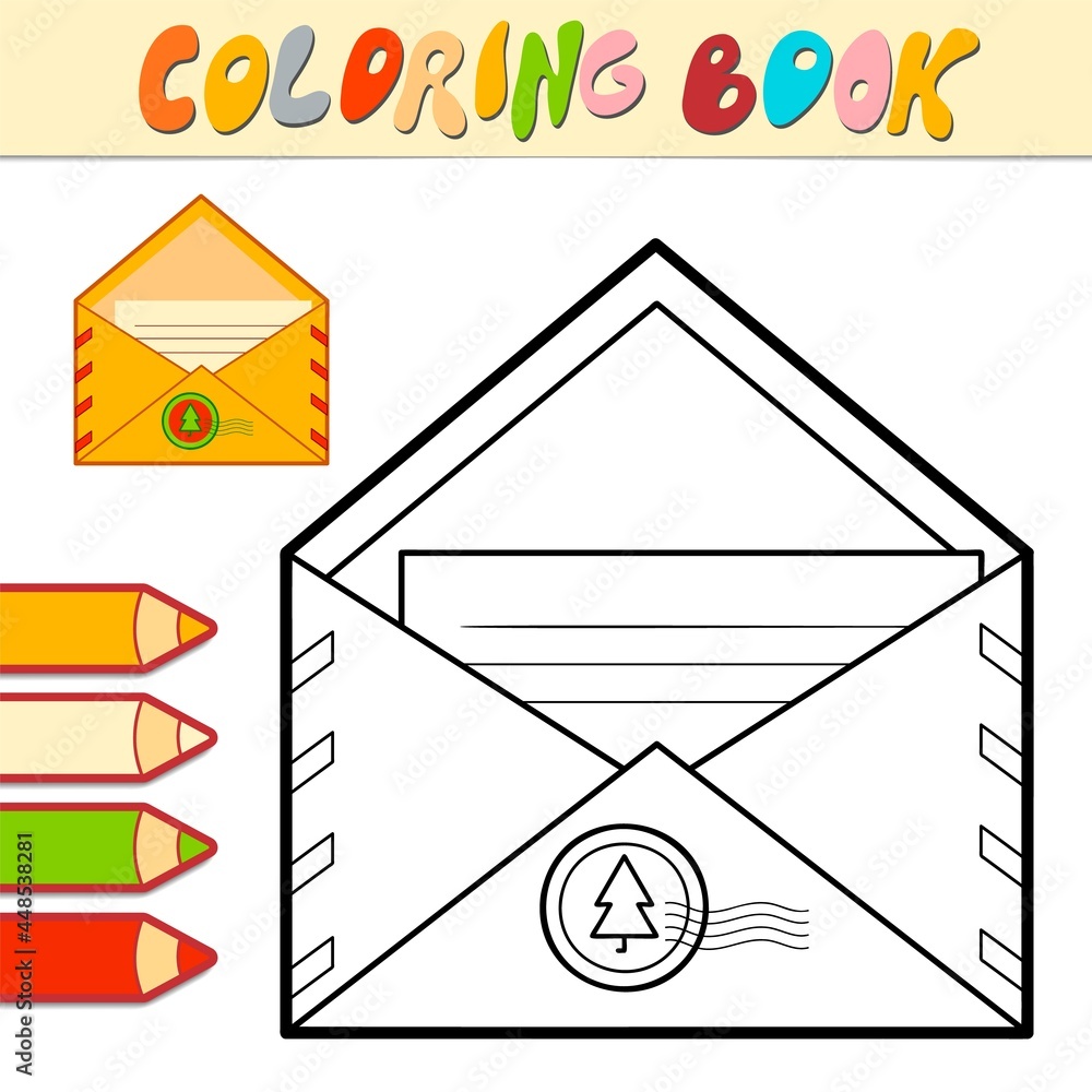 Coloring book or Coloring page for kids. Christmas Envelope black and ...