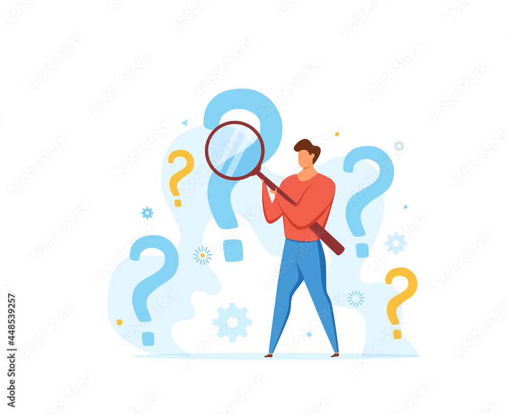 FAQ concept of men looking through magnifying glass at interrogation ...