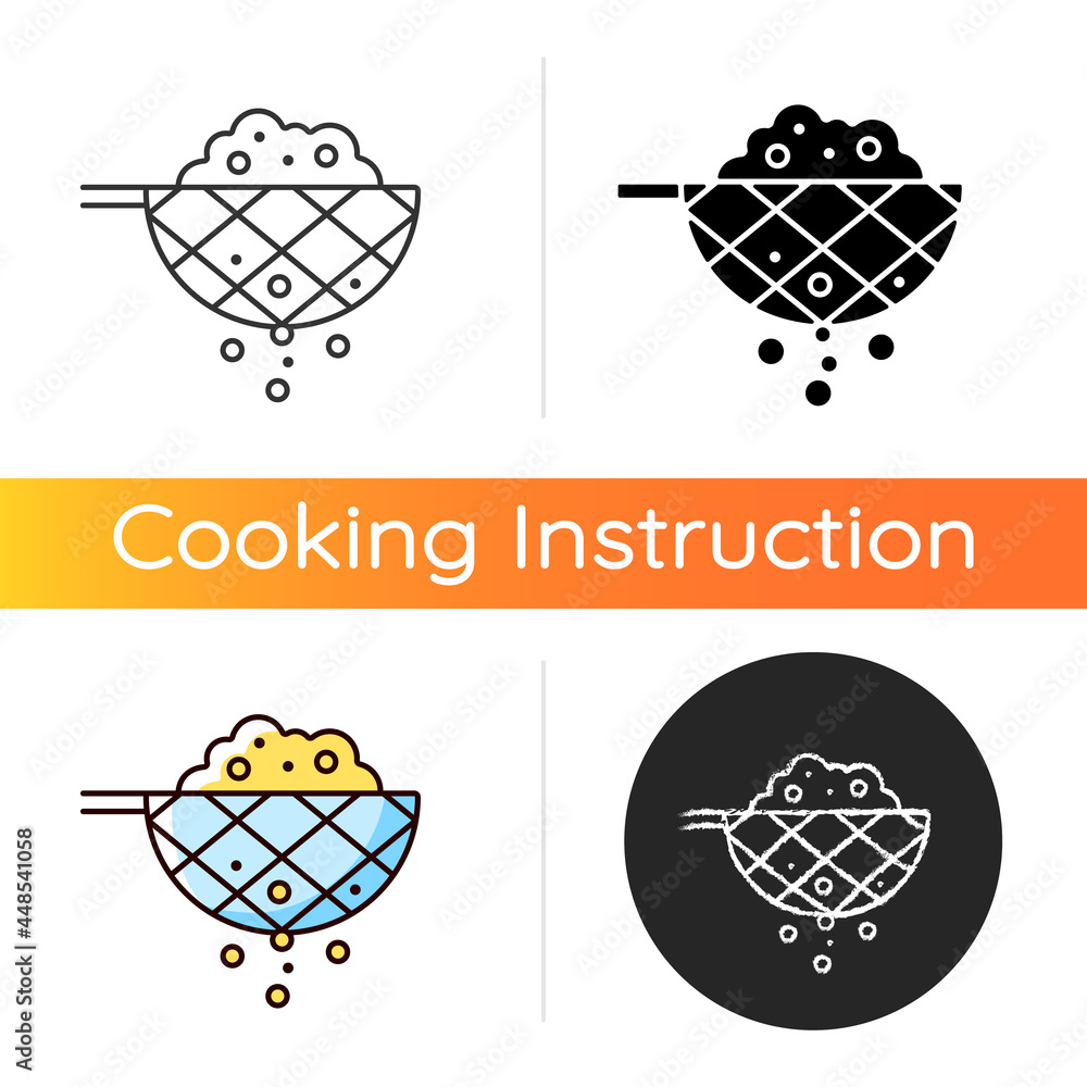 Sift cooking ingredient icon. Pass flour through mesh utensil. Domestic ...