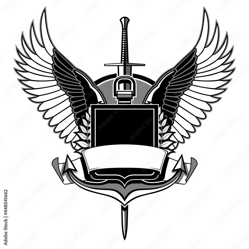 black and white coat of arms with shield, anchor, twigs with leaves ...