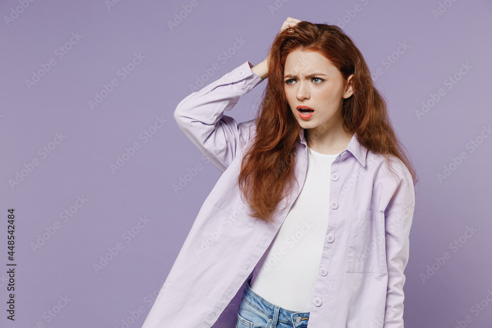Angry displeased sad young redhead curly green-eyed woman 20s wears ...