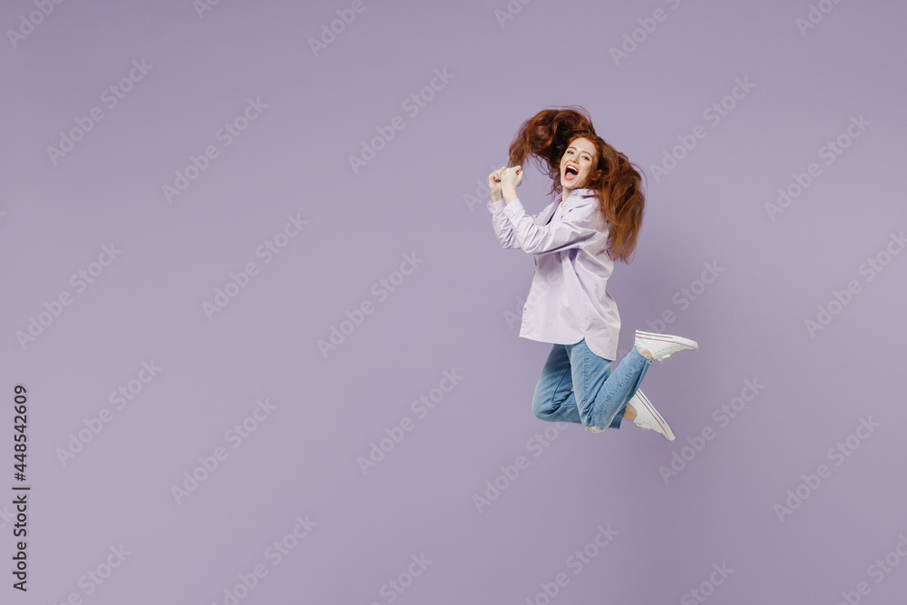Full size body length side view dizzy crazy amusing young redhead curly ...