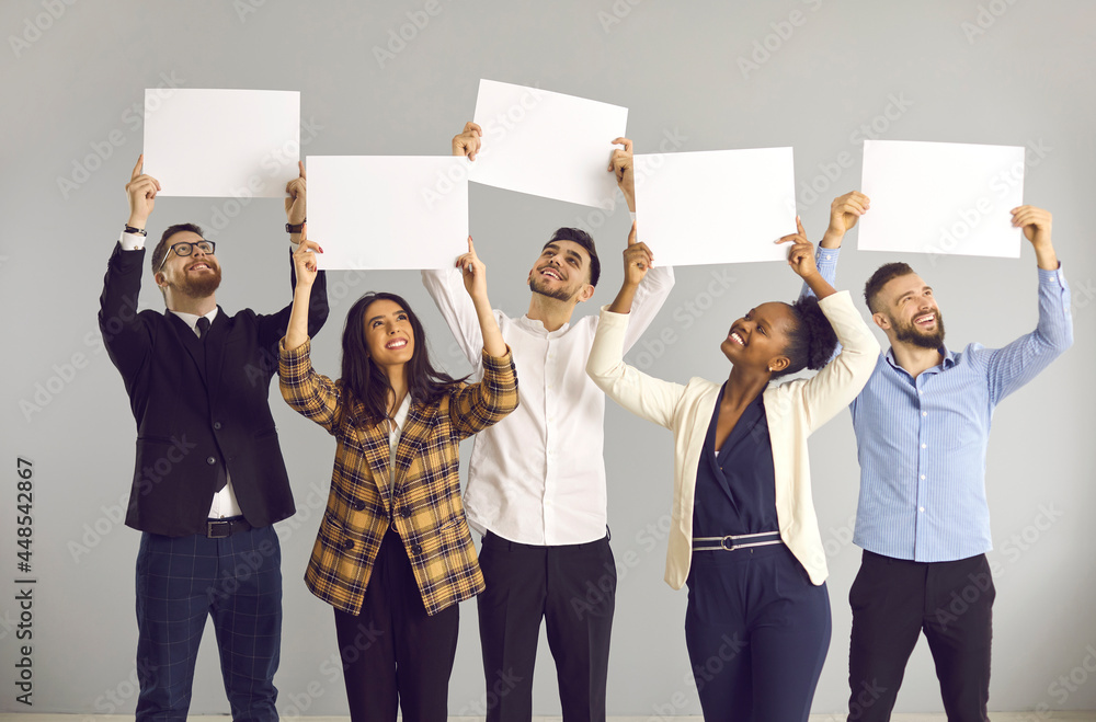 Group of five happy smiling people, office workers or friends, standing ...
