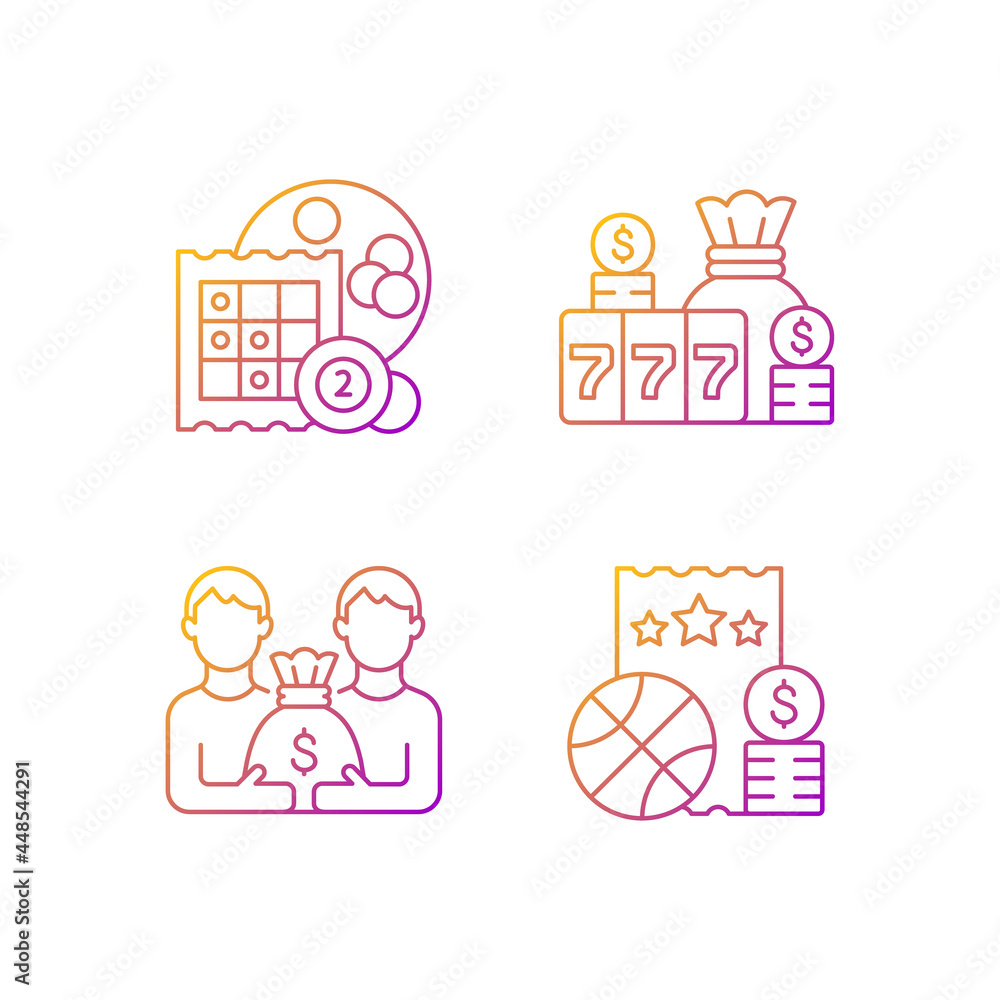 Participation in lottery gradient linear vector icons set. Bingo game. Winning large cash reward ...