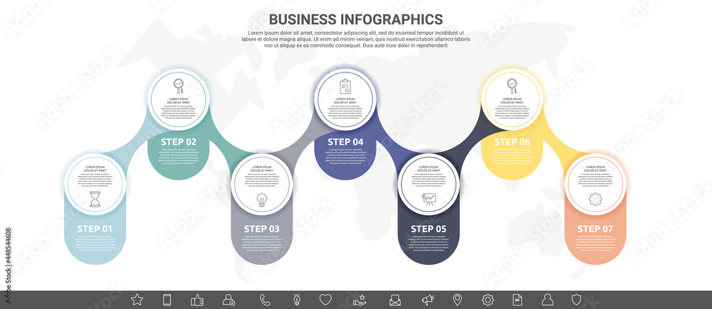 Business vector infographics with seven circles and labels. Timeline ...