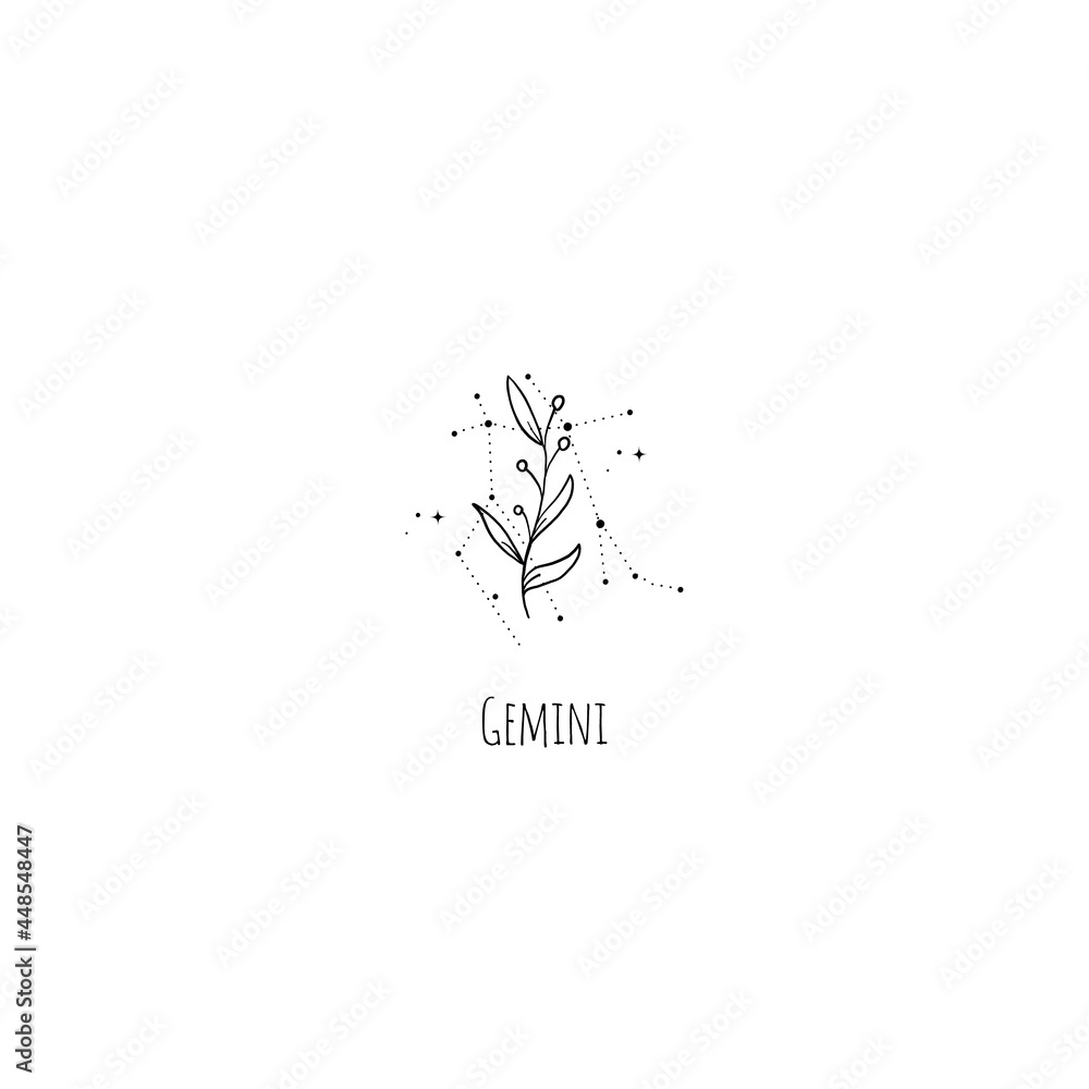 Hand drawing Gemini constellation symbol with floral branch and stars ...