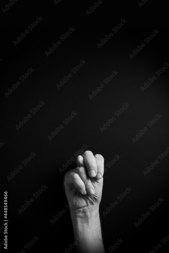 B&W image of hand demonstrating ASL sign language letter N with empty ...