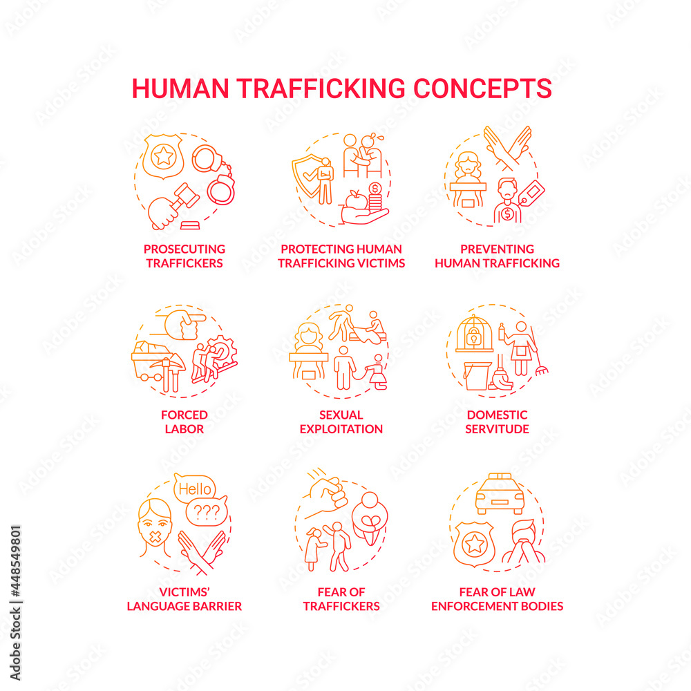 Human trafficking red concept icon set. Human smuggling idea thin line ...