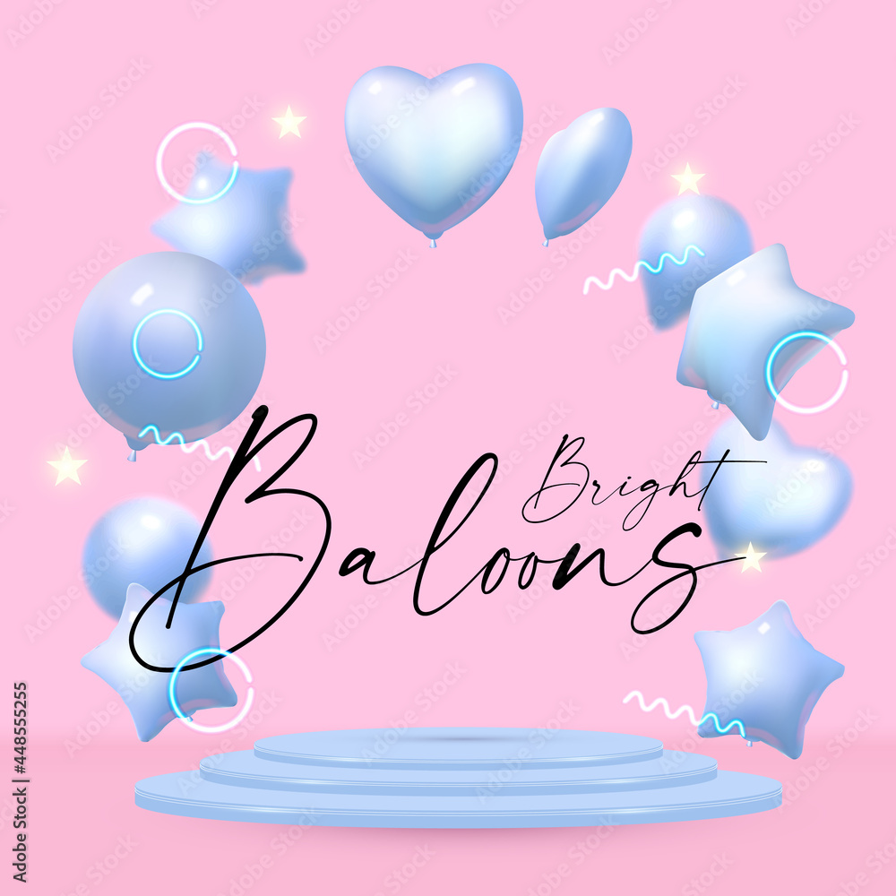 Foil Balloons and podium. Bright event design with flying air balloons ...
