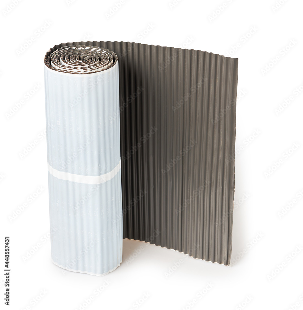 Roll of wide metal adhesive tape for roof joint isolated on a white ...