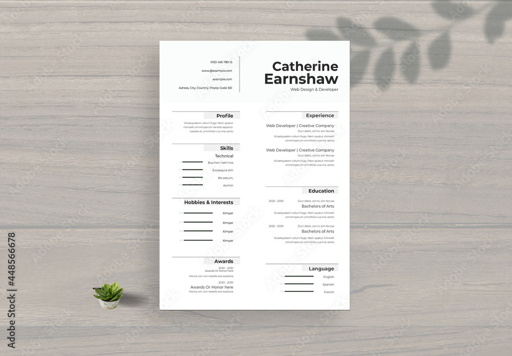 Simple Resume Layout Stock Template | Adobe Stock