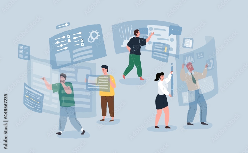 Vector flat cartoon characters team work metaphor.Successful company of ...