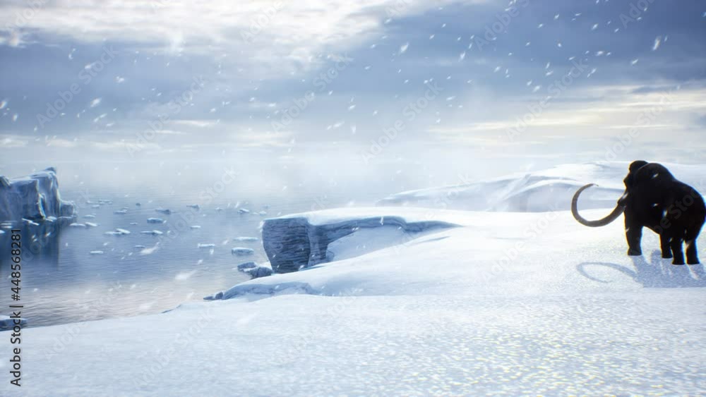 A huge mammoth is walking along a snow-covered glacier. Huge high ...