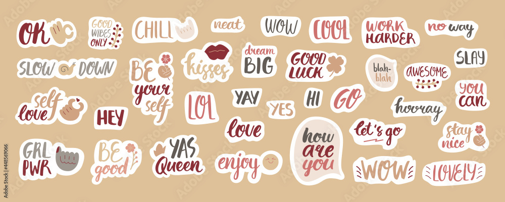 Collection of stickers with frequently used words and phrases. Set of ...