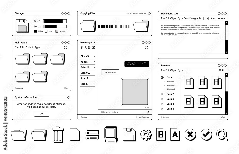 Web Pages Layout Templates In Retro Style Digital Screen Symbols Icons web-pages-layout-templates-in-retro-style-digital-screen-symbols-icons