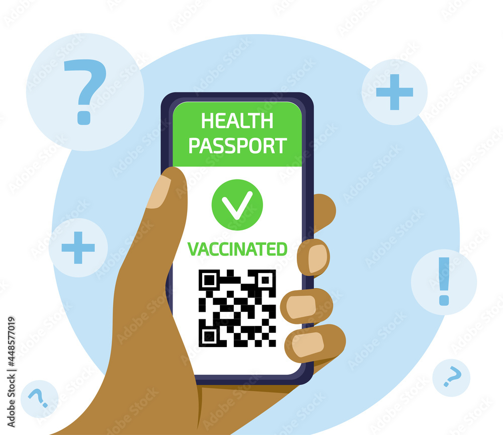 Certificate of vaccination on mobile phone screen in African hand with ...