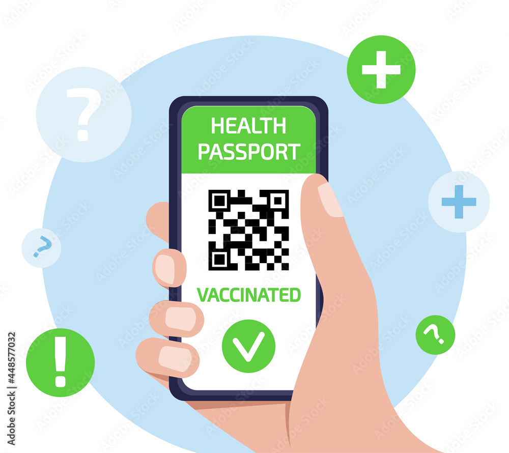 Certificate of vaccination on mobile phone screen in hand with QR code ...
