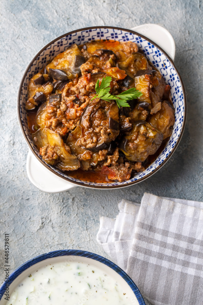 Traditional delicious Turkish food; eggplant moussaka (Turkish name ...
